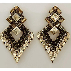 Very Large Art Deco Antique Vintage Retro Style Yellow Amber Gold Citrine Bridal Bridesmaid Wedding Prom Pageant Statement Cluster Earrings