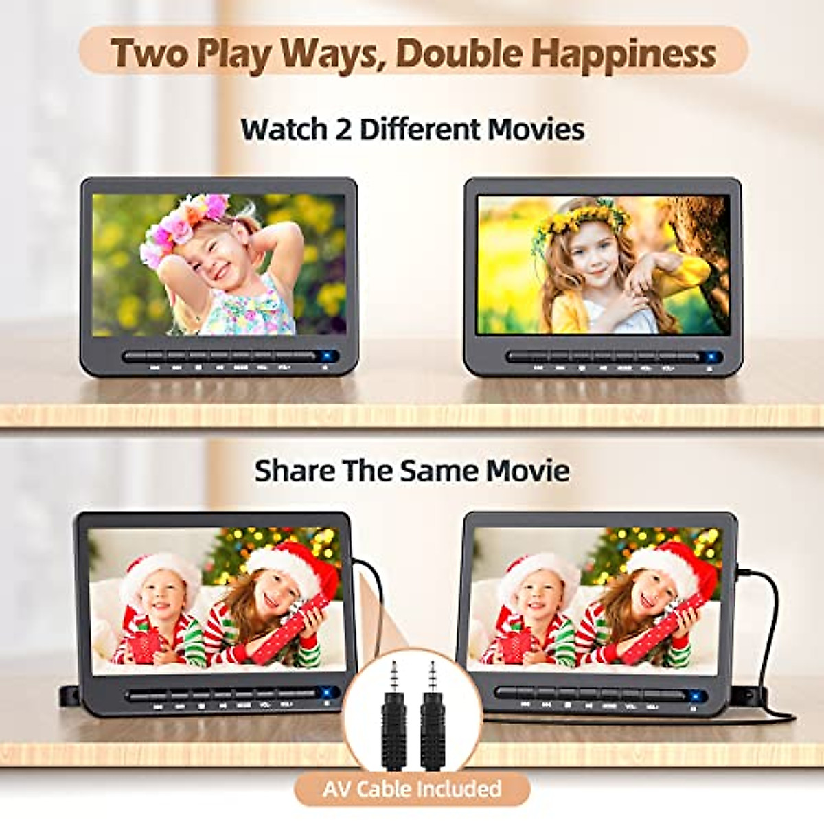 10.5" Dual Portable DVD Player for Car with 1080P HDMI Input, DESOBRY Rechargable Car DVD Player Dual Screen Play A Same or Two Different Movies, 5-Hour Battery, Support USB,AV in/Out, Last Memory
