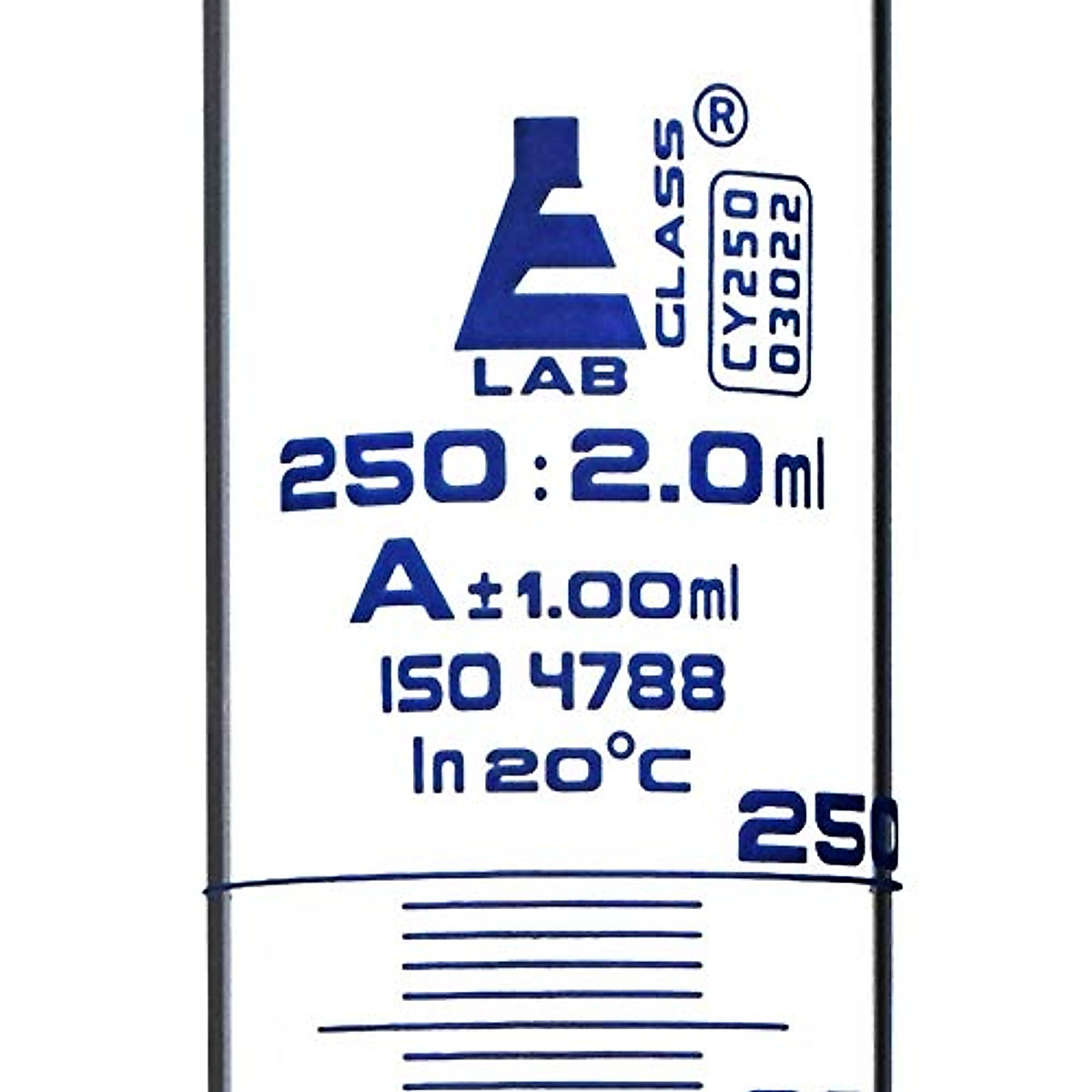 EISCO Graduated Cylinder, 250ml - Class A Tolerance ±1.00ml - Round Base - Blue Graduations - Borosilicate 3.3 Glass