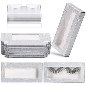 Noverlife 60PCS Empty Eyelash Packaging Box and Tray, 30 False Eyelash Storage Case 30 Transparent Tray, Lash Packaging Storage Container Lash Case Holder Tray Fake Lashes Holder Set - Glitter Silver
