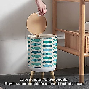 Trash Can with Lid Coastal Fish Seamless Blue and Teal Green Fish on a Light Sand Modern Press Cover Small Garbage Bin Round with Wooden Legs Waste Basket for Bathroom Kitchen Bedroom 7L/1.8 Gallon