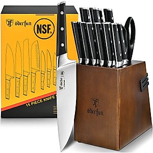 Knife Set with Block, ODERFUN 15 Pcs 50CR15MOV German Steel Kitchen Knife Set, Ultra Sharp Knives Set for Kitchen with Knife Sharpener, Ergonomic Handle Full Tang Forged with NSF Certified