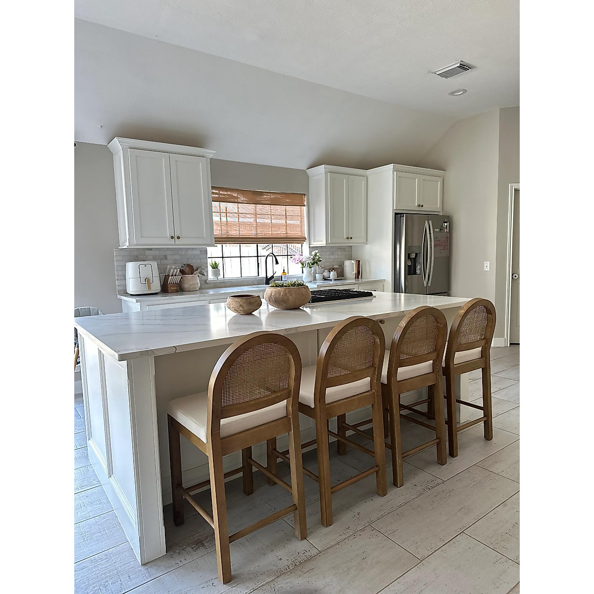 Nathan James Bailey Boucle Upholstered Rattan Bar Stool, Counter Height Stool with Natural Rattan Woven Back For Kitchen Island, Light Brown