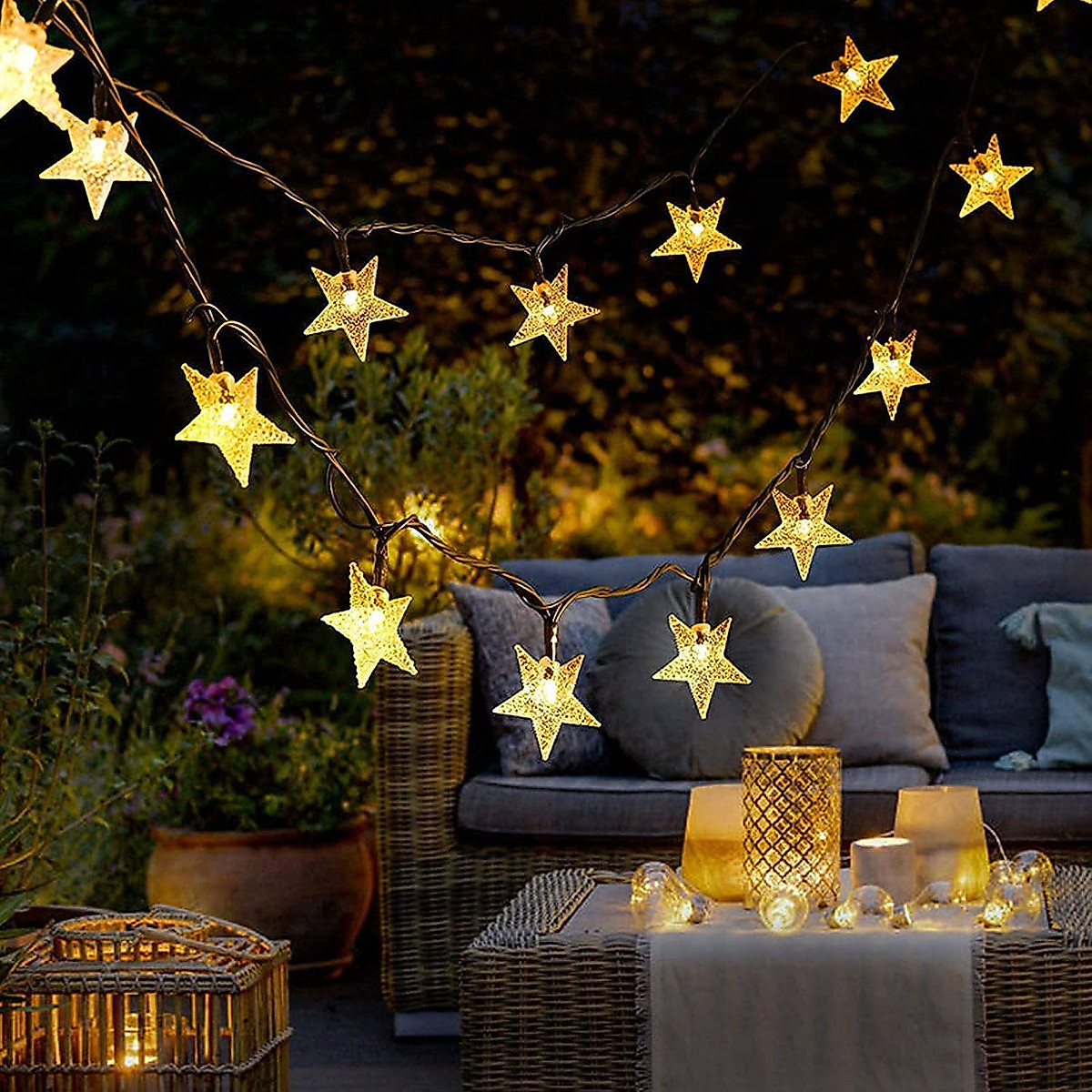 Solar star string lights, 39Ft 100LED, solar fairy lights with remote control 8 lighting modes, outdoor waterproof star flashing lights, suitable for home/party/garden/wedding/Christmas (warm white)