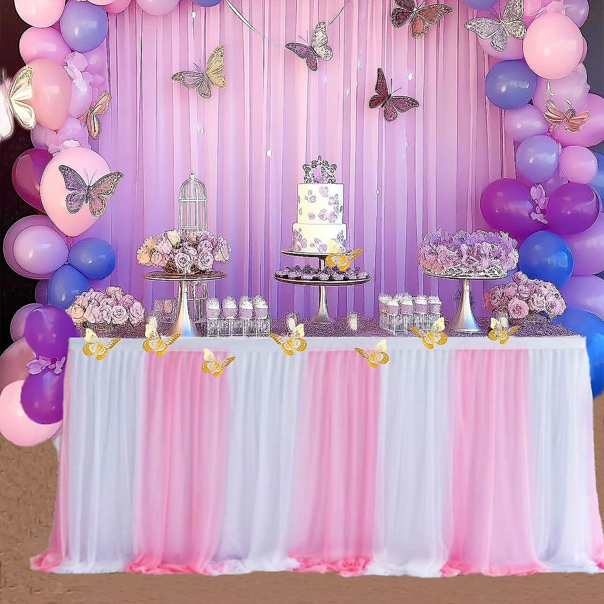 Albassa Table Skirts for Rectangle or Round Tables Pink Tulle TableCloth with 3D Butterfly for Princess Baby Shower Birthday Party Decorations（9ft*H 30in,Pink)