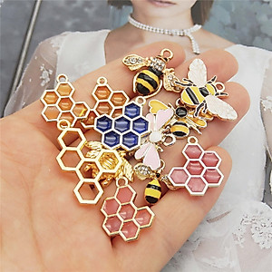 JJGQAZ 24 Pieces(12 PAIRS) Alloy Enamel Bee Charms Rhinestone Jewelry Making Bee Honeycomb Charms Pendants for Necklace Bracelet Earrings Keychain DIY Making Supplies