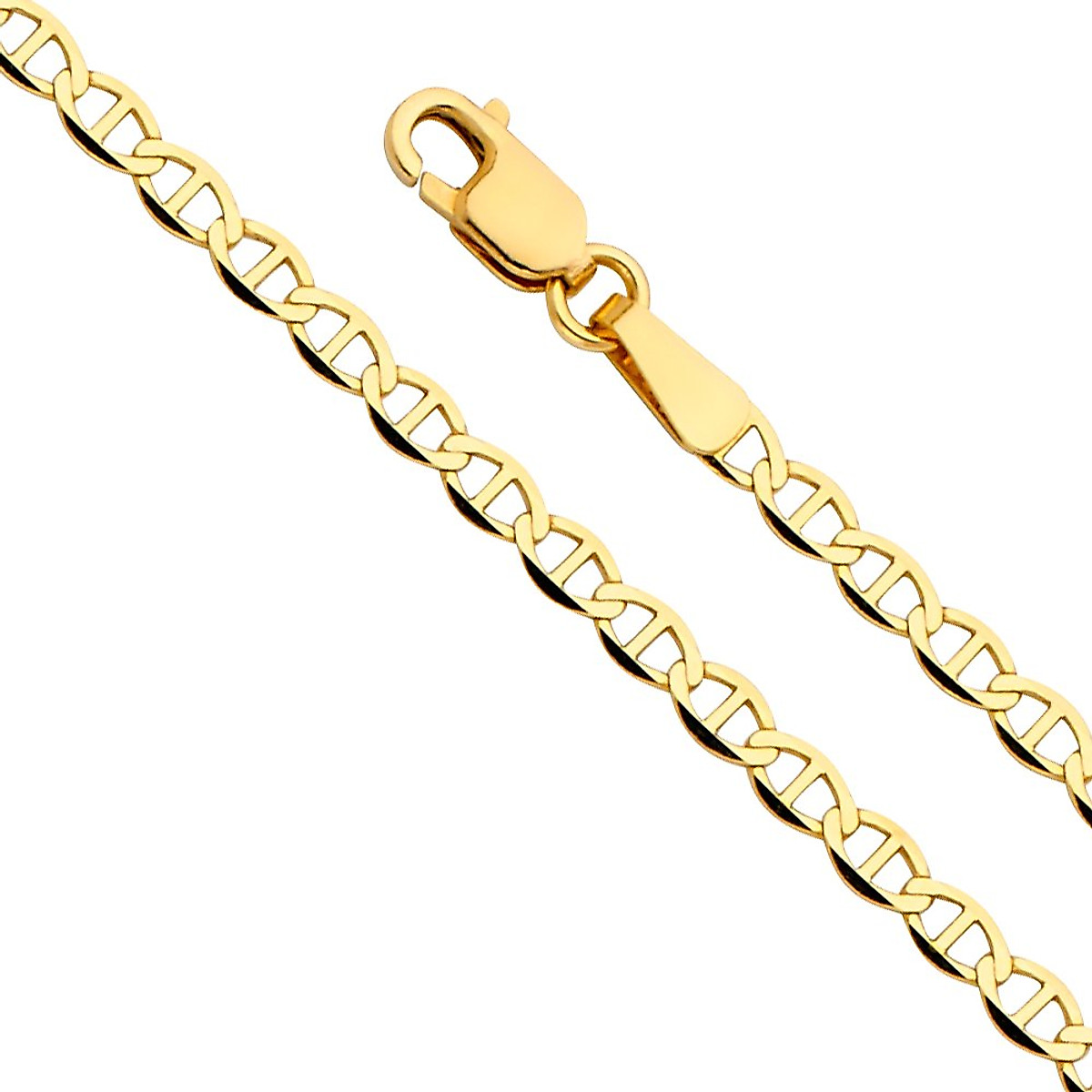 The World Jewelry Center 14k REAL Yellow Gold Solid 2.5mm Flat Mariner Chain Bracelet with Lobster Claw Clasp - 7"