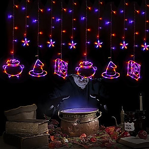 LOLStar Halloween String Lights, Halloween Window Decorations Orange Purple Spellbook, Witch Hat and Cauldron 183 LEDs Indoor Hanging Curtain Lights, Remote 8 Flashing Modes Timer Function