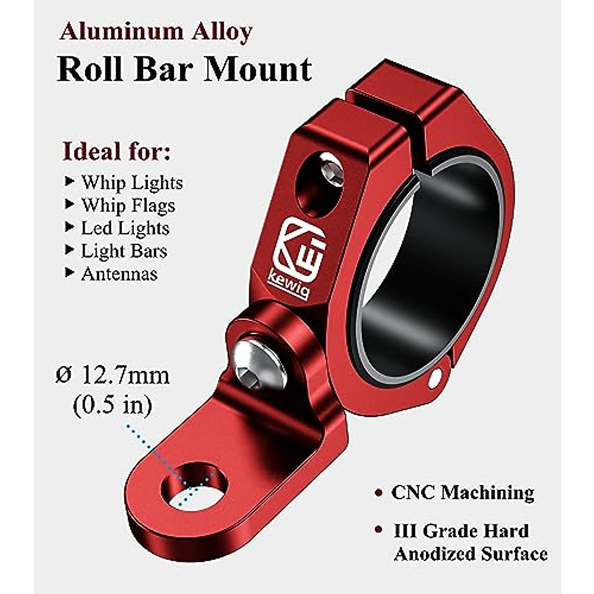 BRCOVAN Whip Light Flag Mount Solid Aluminium Alloy Light Bar Mounts Mounting Bracket Tube Clamp Fit on 1.5''/1.65''/1.75''/1.85''/2'' Roll Cage Bull Bar Roof Rack for ATV UTV Truck (Red)