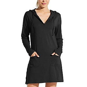 Willit Women's Long Sleeve Cotton Swim Cover Up UPF 50+ SPF Dress Hooded with Pockets Sun Protection Beach Coverup Black L