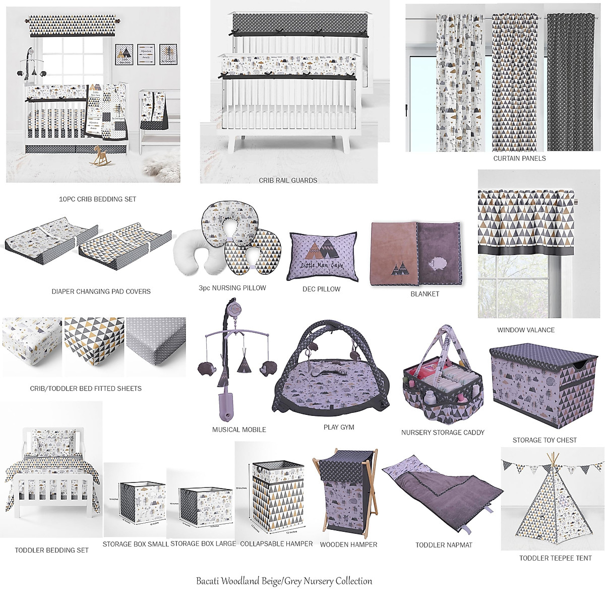 Bacati - 2 Pack Woodlands Bears Bison Owls Printed Neutral 100% Cotton Universal Baby US Standard Crib or Toddler Bed Fitted Sheets (Beige/Grey)