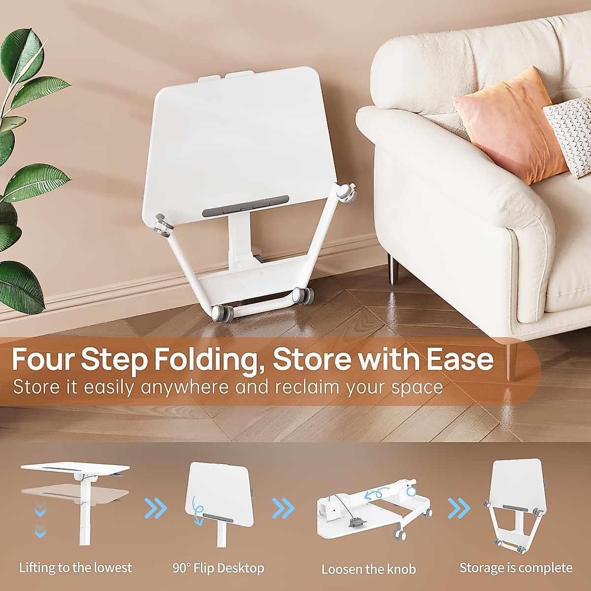 Joy Seeker Foldable Mobile Standing Desk, Pneumatic Height Adjustable and Tilt Rolling Sit Stand Desk, 90° Tiltable Portable Laptop Desk Cart on Wheels White Workstation for Home Office, Easy to Fold