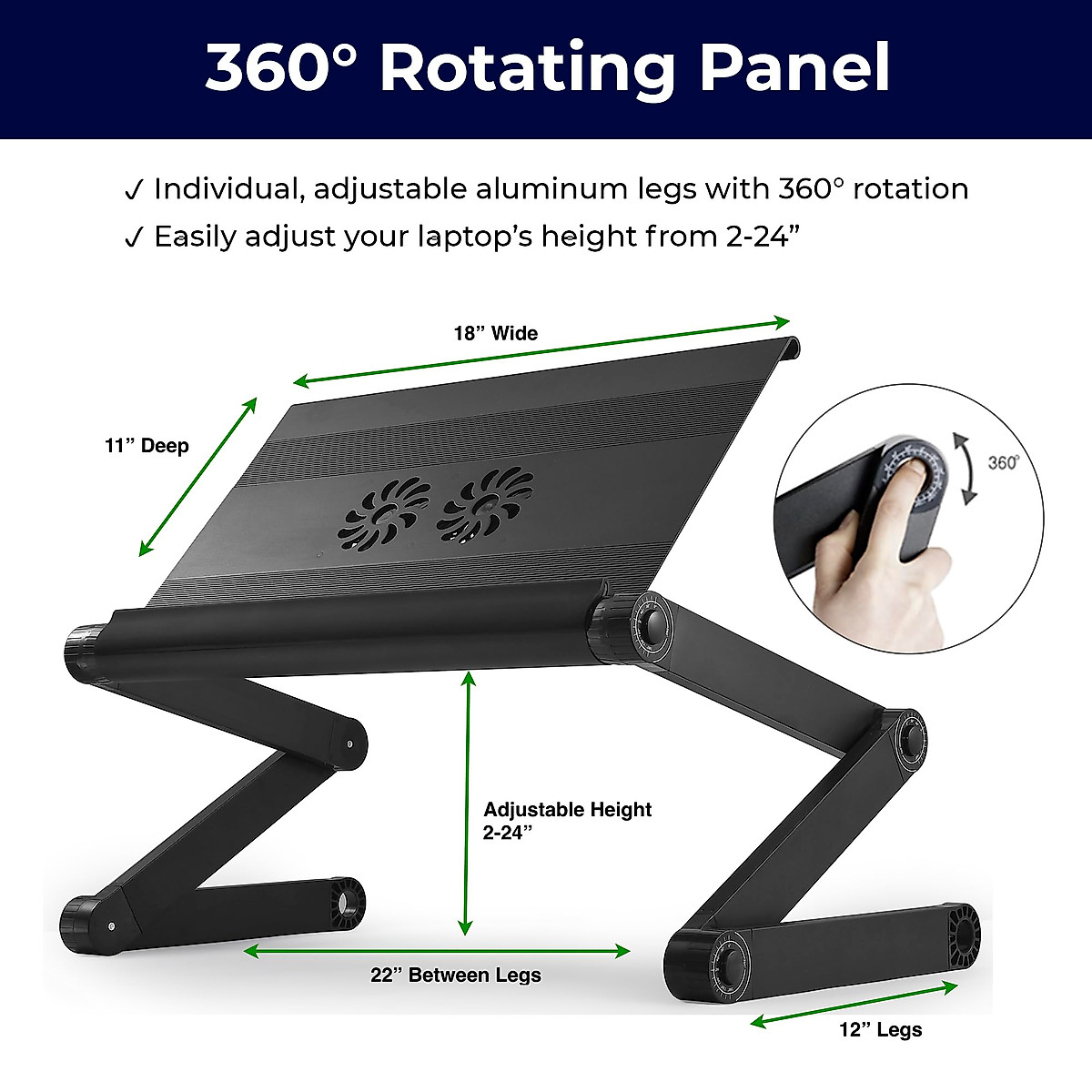 WorkEZ Executive Adjustable Laptop Stand with 2 Fans 3 USB Ports Ergonomic Aluminum Lap Desk for Bed Couch tray holder folding height tilt angle cooling cooler portable desktop riser black