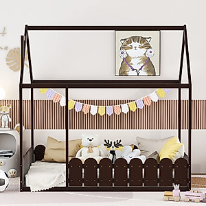 MERITLINE Full Size House Bed with Fence, Wooden Kids Montessori Beds with Roof, Playhouse Bed Frame for Toddlers Girls Boys Teens (Espresso)