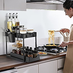 Under Sink Organizers and Storage, Adjustable Height Sliding Drawer 2 Tier Cabinet Organizer with Pull Out Drawer/Hook/Cup/Dividers for Bathroom Kitchen (Black)