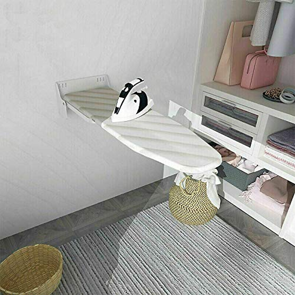 Wall-Mounted Space Saving Iron Board, Ironing Board with Turning Mechanism White Swivel Style 180° Rotation Flap Folding Ironing Board Built-in Cabinet with Cover