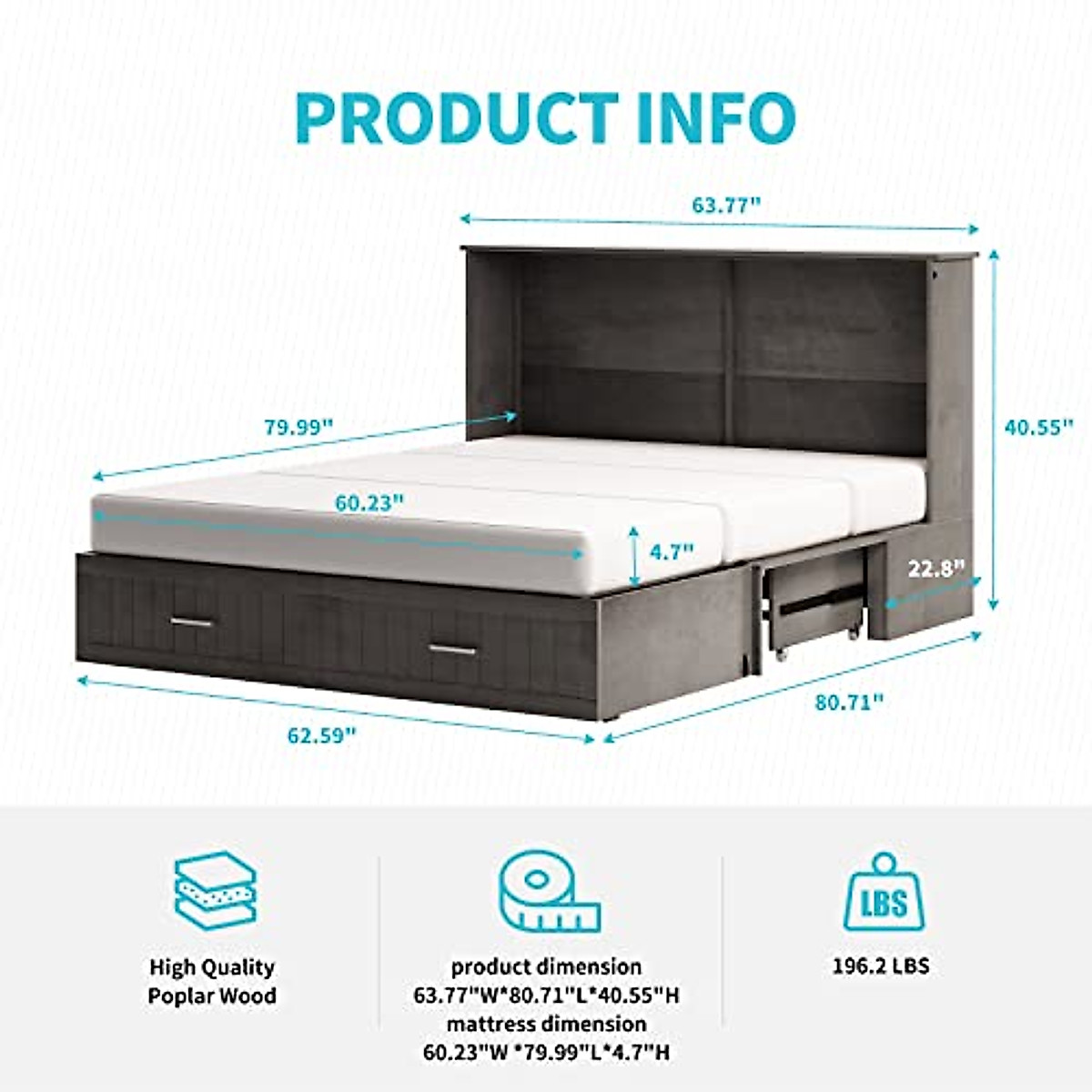 CECER Murphy Bed Cabinet with Memory Foam Mattress, Cube Cabinet Bed Chest with Build-in USB Charging Station and Storage Drawer for Living Room/Apartment/Easy Assembly - Gray