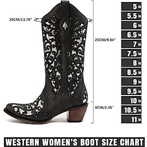 Huntarry Women's Mid Calf Cowboy Cowgirl Boots Embroidered Retro Square Toe Western Boots for Women Black-a