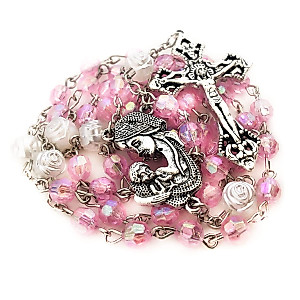 Mother Mary Pink Crystal Cut Rosary and Rosary Bracelet Set,Catholic Rosary,Rosarios Catolicos Para Mujer,Catholic Gifts Women,Rosario Regalos Para Mujer,Rosary Necklace for Women, Acrylic, acrylic