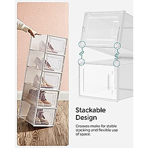 SONGMICS Shoe Boxes, Pack of 12 Shoe Storage Organizers, Stackable Clear Plastic Boxes for Closet, Sneakers, 9.9 x 13.7 x 7.4 Inches, Fit up to US Size 13, Transparent and White ULSP12MWT