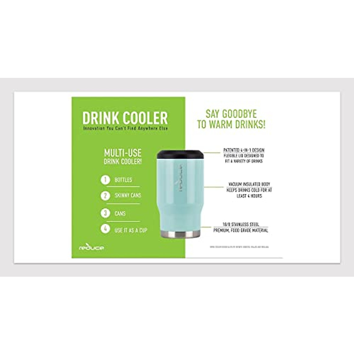 REDUCE 14 oz. Vacuum Insulated Stainless Steel Drink Cooler, 4 Pack Built-in Bottle Opener whit Non-Slip Base 4-in-1 Versatility Colors: Aqua-Red-Orange-Blue (ART1614168)