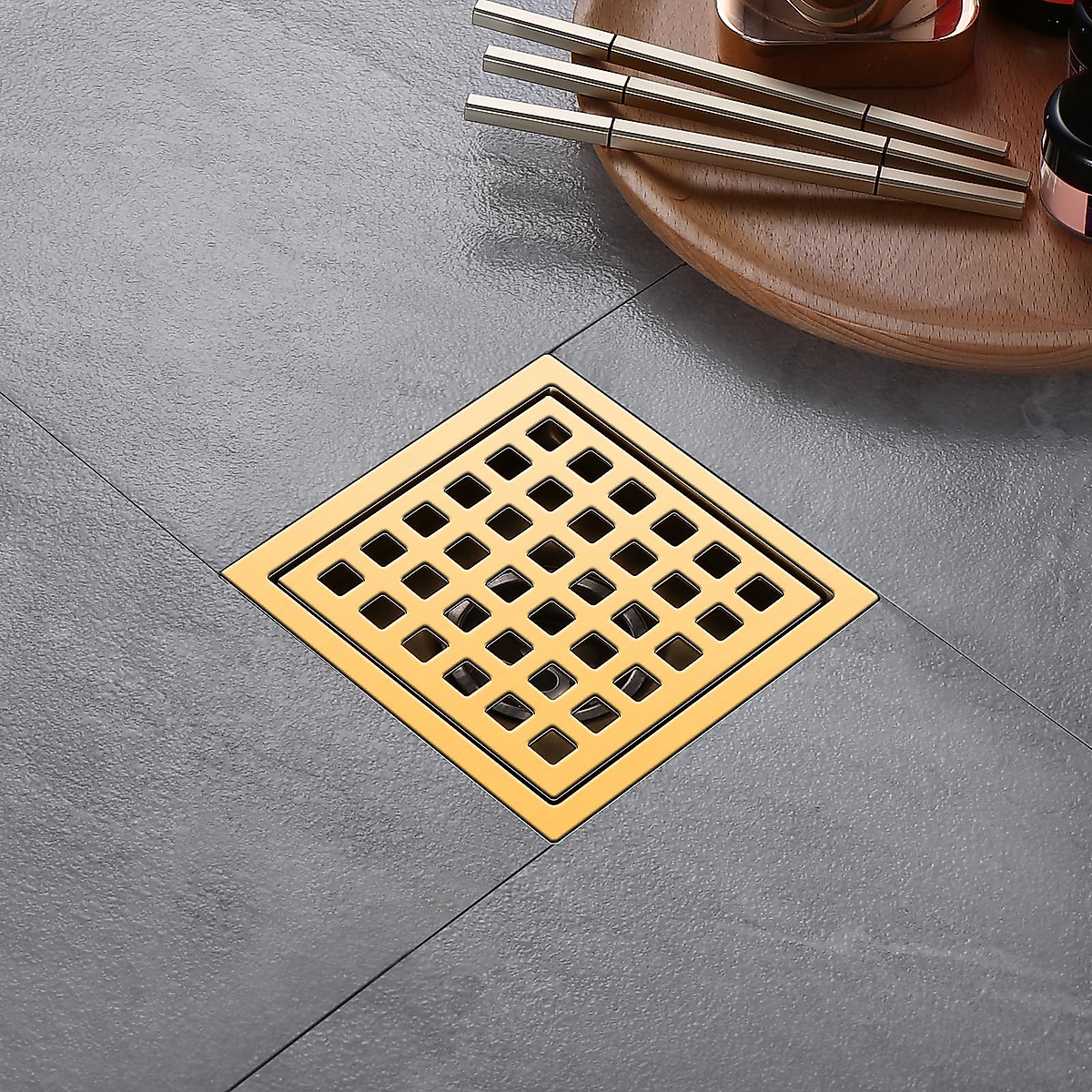 Shower Drain, Brushed Gold 4 inch Shower Floor Square Drain with Flange, Removeable Grid Panel SUS 304 Stainless Steel Square Shower Drain