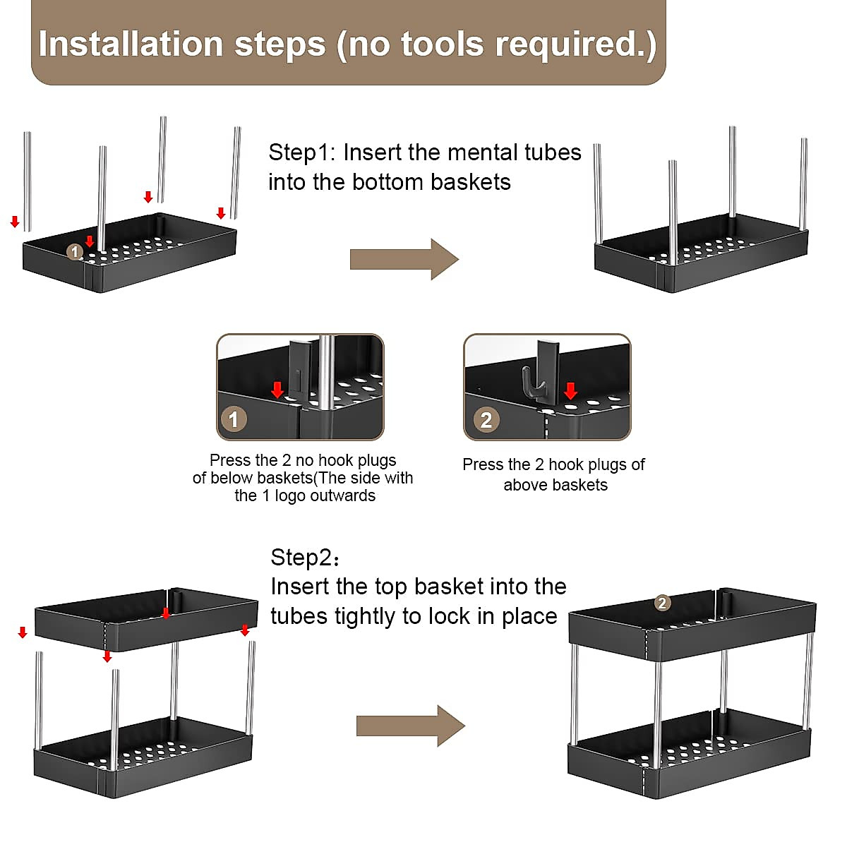 [ 2 Pack ] Under Sink Organizers and Storage, 2 Tier Bathroom Organizer Under Sink Shelf with 4 Removable Dividers , Kitchen Cabinet Storage Caddy Bath Counter Basket with Hooks Dividers Hanging Cups