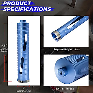 DaduoRi 2" Dry Core Drill Bit for Brick and Block with 3 Adapters Included: SDS Plus, SDS Max and 1/2" Hex Shank, 9.5" Drilling Depth Core Bits for Soft Concrete,Brick,Stucco,Masonry, 5/8"-11 Thread