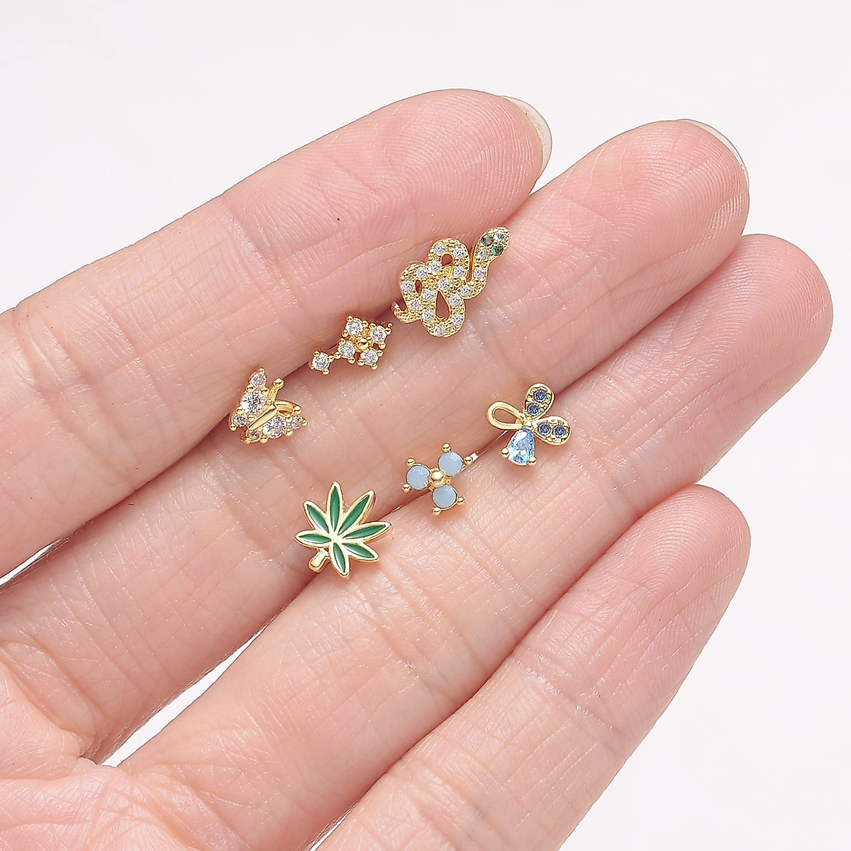 Tornito 16Pcs Nose Stud Ring L Shaped Nose Ring Heart Moon Bee Snake Leaf CZ Nose Studs Body Piercing Jewelry for Women Men 20G Gold Tone