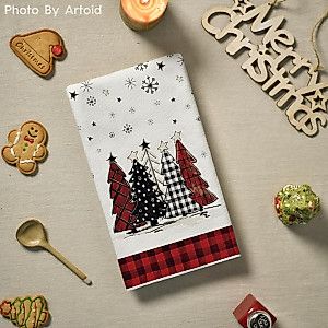 Artoid Mode Black Red Merry Christmas Kitchen Towels Dish Towels, 18x26 Inch Buffalo Plaid Winter Xmas Trees Star Decoration Hand Towels Set of 2