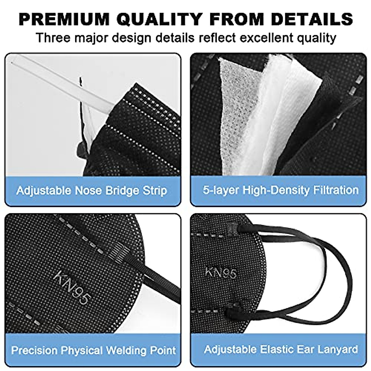 Taimu TM KN95 Face Masks for Protection Black Breathable Foldable Protective Masks Against PM2.5, Dust, Air Pollution for Adult, Men, Women(50 PCS)