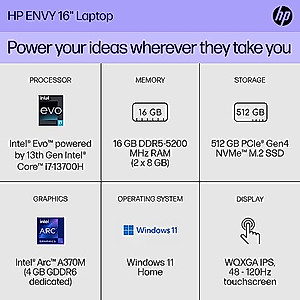 HP Envy 16 inch Laptop, WQXGA 48-120Hz Display, Intel Evo Powered by 13th Generation Intel Core i7-13700H, 16 GB RAM, 512 GB SSD, Intel Arc A370M Graphics, Windows 11 Home, 16-h1010nr (2023), Silver