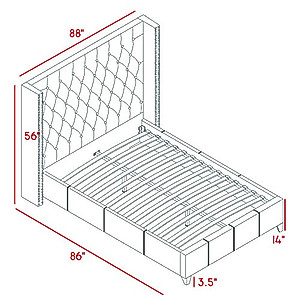 Meridian Furniture Aiden Collection Modern | Contemporary Velvet Upholstered Bed with Deep Button Tufting, Solid Wood Frame, and Custom Chrome Legs, King, Grey