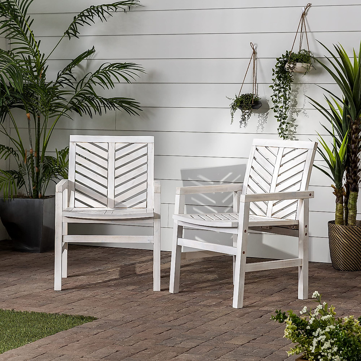 Walker Edison AZWC2VINWW Avalon Chevron Solid Acacia Wood Outdoor Chair, White Wash