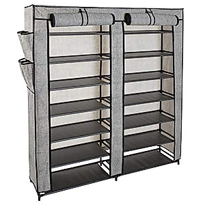 Simplify 7 Tier Double Wide 14 Shelf Shoe Storage Closet Organizer Rack with Cover and Side Pockets, Freestanding, Holds 42 Pairs, Good for Sneakers, Flats, Heels & Boots, Black