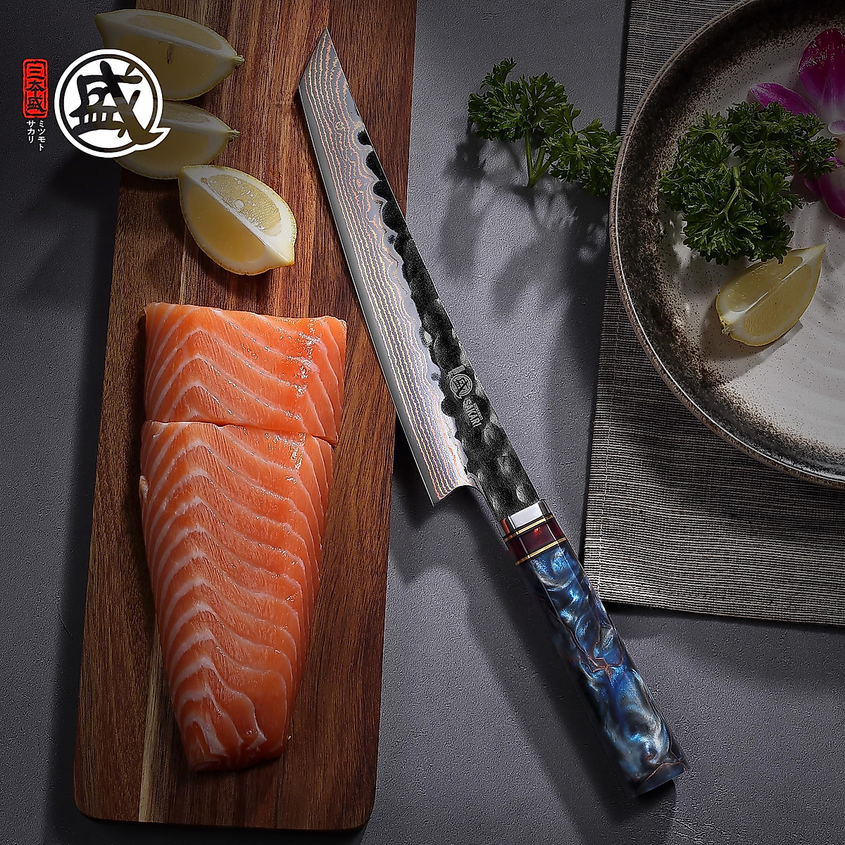 MITSUMOTO SAKARI 8 inch Japanese Kiritsuke Chef Knife, Hand Forged VG-10 Damascus Kitchen Knife, Professional Meat Sushi Chef’s Knife (Blue Resin Handle & Sandalwood Box)