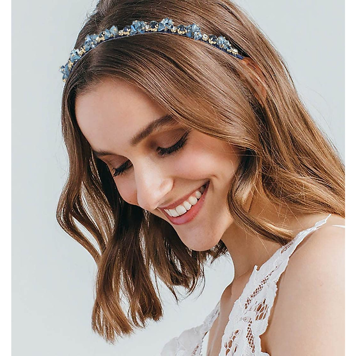 Urieo Thin Rhinestone Headband Bling Crystal Head Bands Diamond Hairband Vintage Parties Hair Accessory for Women (Blue)
