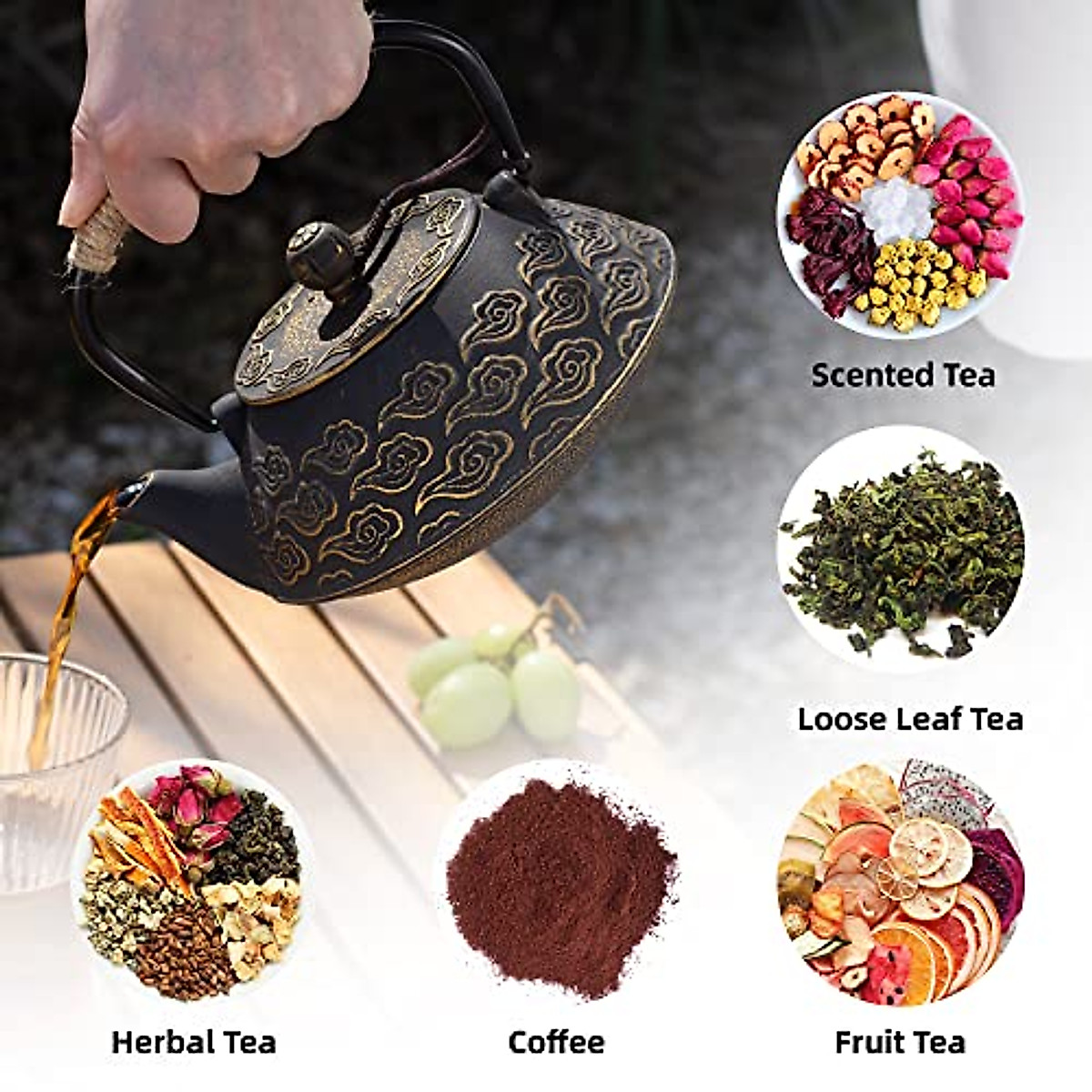 MILVBUSISS Cast Iron Teapot, Japanese Tea Pot with Infuser for Loose Leaf, Tea Kettle Stovetop Safe Coated with Enameled Interior, Clouds Pattern 27oz, 800ml Black