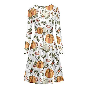 Viewamoon Pumpkins Thanksgiving Dresses for Women 2023 Party Pleated Dress Girl's Long Sleeve Flare Dresses for Dancing Outdoor Office Size XL Puffy Swing Midi Dress for Ladies