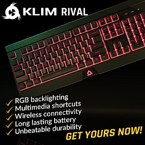 KLIM Rival Wireless Gaming Keyboard RGB US Layout + Slim, Durable, Ergonomic, Quiet, Silent Soft Sound Keys, 25 Anti-Ghosting + RGB Backlit Wireless Black (Renewed)