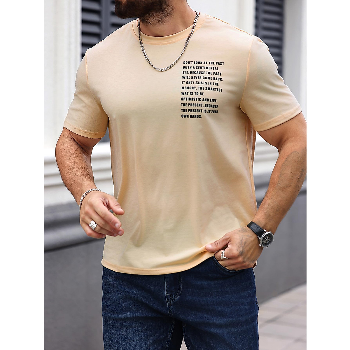 SOLY HUX Men's Graphic Tees Vintage T-Shirts Curved Hem Short Sleeve Crewneck Casual Trendy T Shirts Khaki Slogan Graphic S