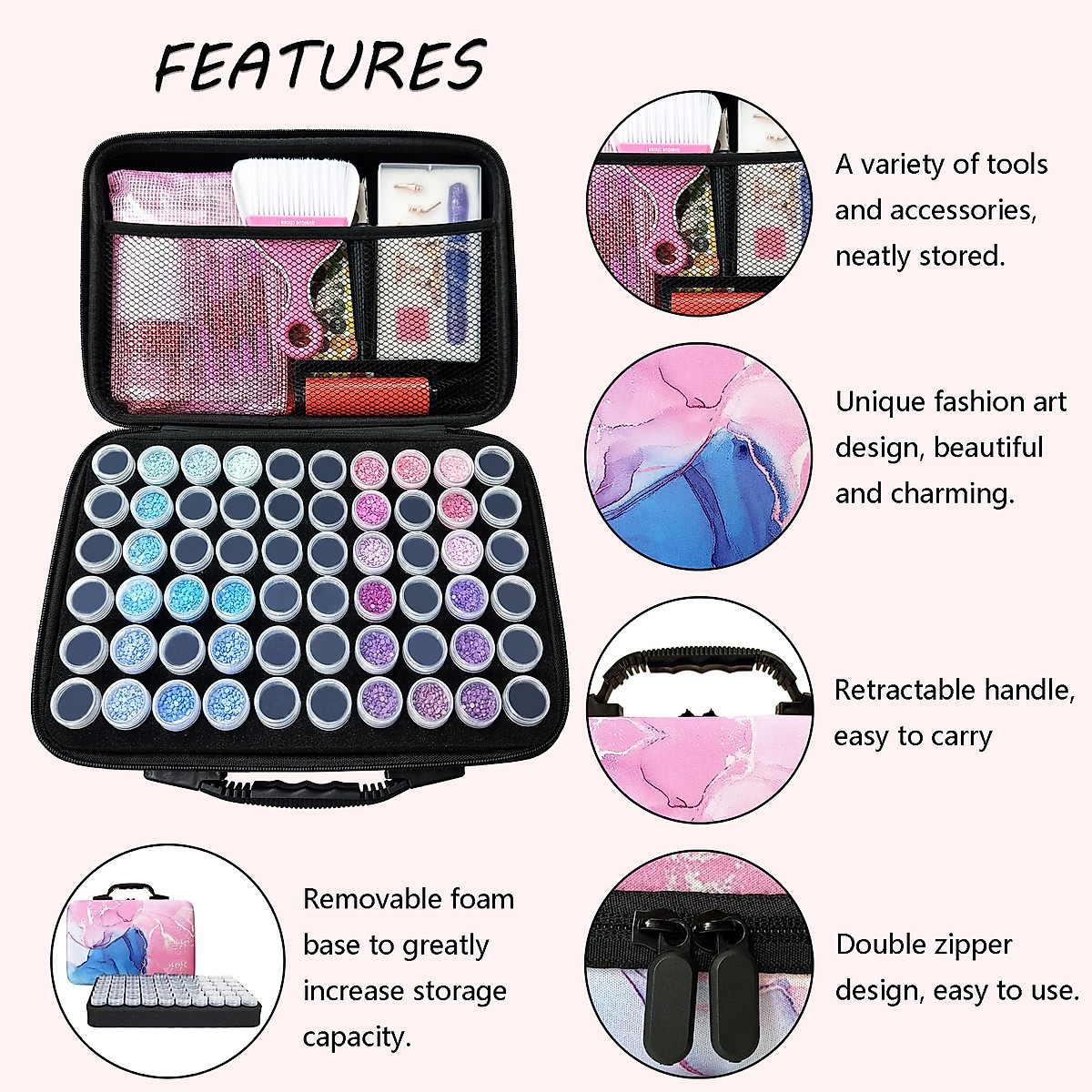 Muzagroo Art Diamond Painting Storage Case, 60 Slots Bead Portable Shockproof Organizer and Accessory Box with 5D Diamond Art Accessories and Tools Kits