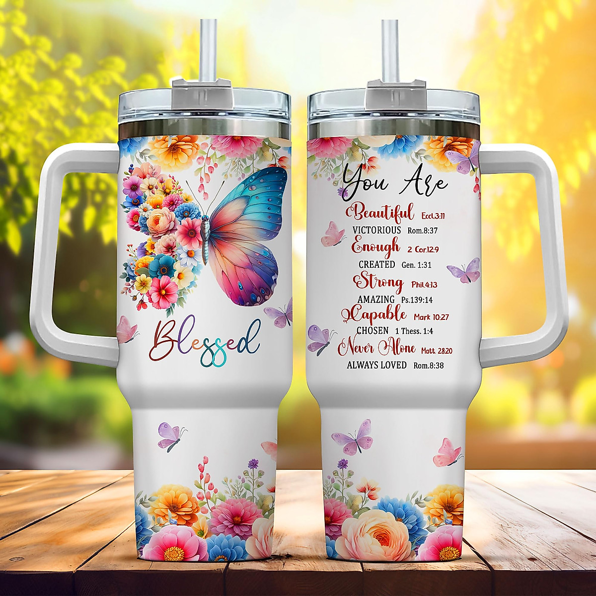 99WHALE Insulated Handle Steel Floral Yellow Stainless Quartz Coffee Hot Modern Rose Red Camelia, Christian Gifts, Tumbler 40 Oz With Handle Lid And Straw, Butterfly Blessed Faith
