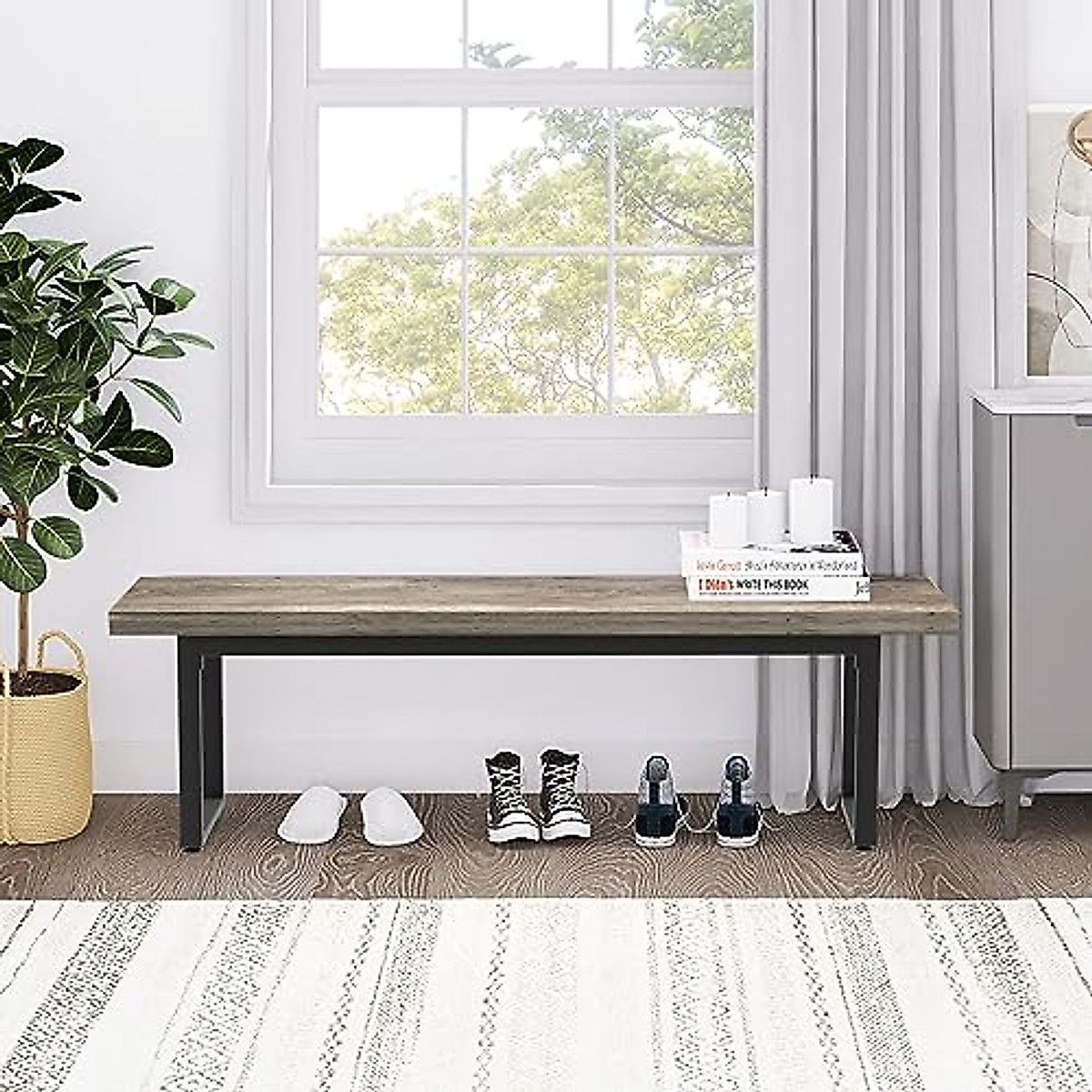 STHOUYN 59” Dining Bench Pair of 2 for 6-8 Person, Farmhouse Indoor Kitchen Table Benches, Bed Bench, Industrial Shoe Bench, Entryway Benches (Grey 2pcs)