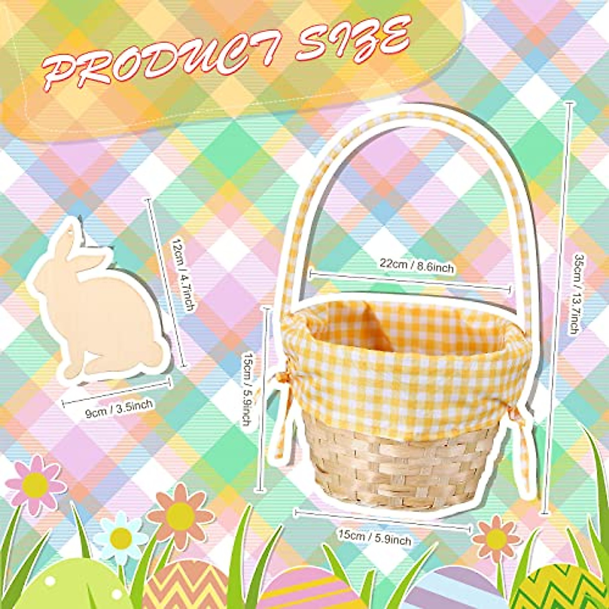 4 Pcs Easter Basket Picnic Basket Woven Basket with Handle Wooden Cute Baskets for Wood Basket Picnic Hamper Easter Eggs and Candy Basket with 4 Bags Lafite Grass 4 Pcs Rabbit Wood Chips (Plaid)