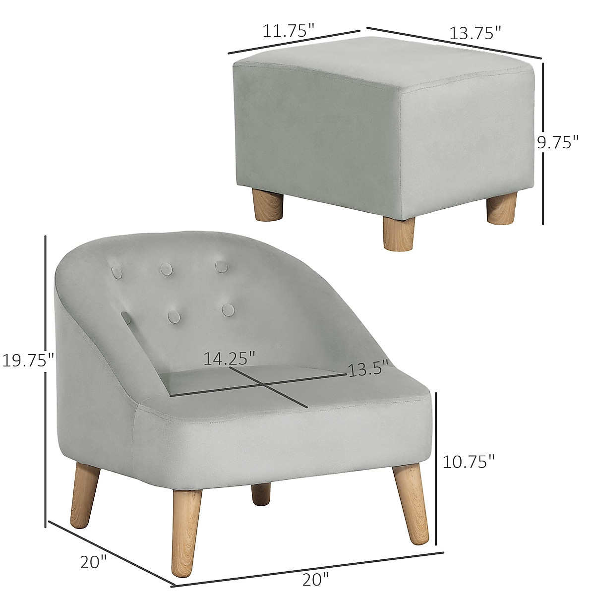 Qaba Kids Sofa Set, Toddler Chair, Sofa & Ottoman for Bedroom, Playroom, Children's Couch for 3-5 Years, Grey