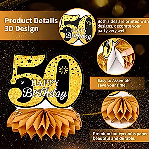 50th Glitter Black Gold Birthday Banner Party Decorations, Happy 50th Birthday Decorations Hanging Swirls Banner Honeycomb Centerpieces for Men Women Happy 50 Years Old Bday Party