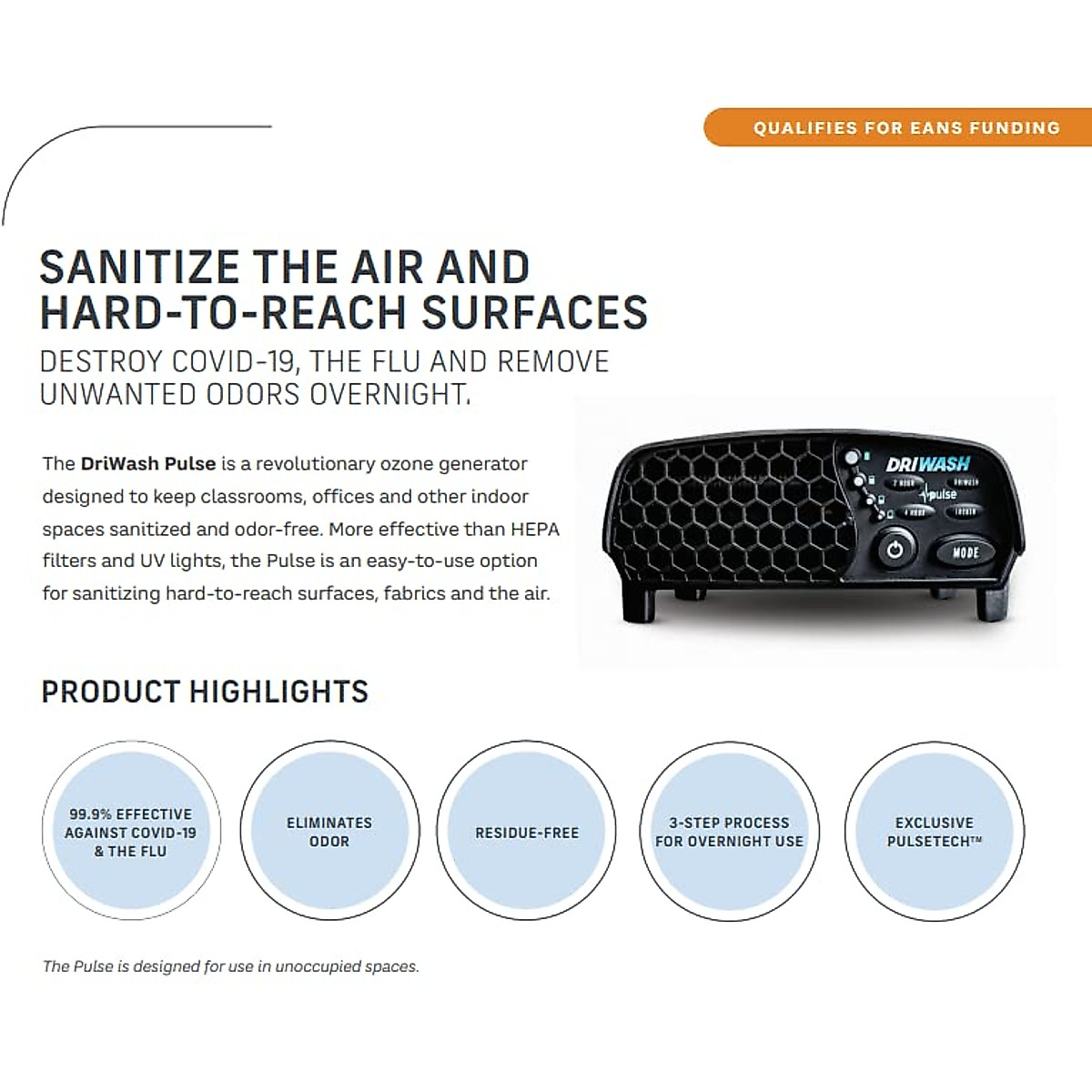 DRIWASH PULSE Home Ozone Generator with Patented PulseTECH™ Technology - Deodorize, Sanitize, and Purify Your Indoor Spaces!