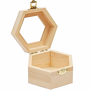 Unfinished Hexagon Wood Jewelry Box with Window and French Buckle (3-Pack)