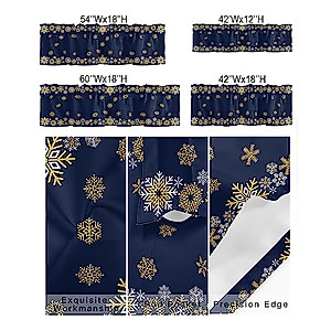 Christmas Day Kitchen Curtain Valance for Window Winter Geometric Snowflake 60x18In Rod Pocket Valances Short Curtains Window Treatment for Living Room Bathroom Bedroom Cafe Decor Gold White on Blue